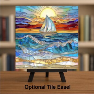 Sailboat Sunset Wall Art Ceramic Tile Stained Glass Style Coastal ...