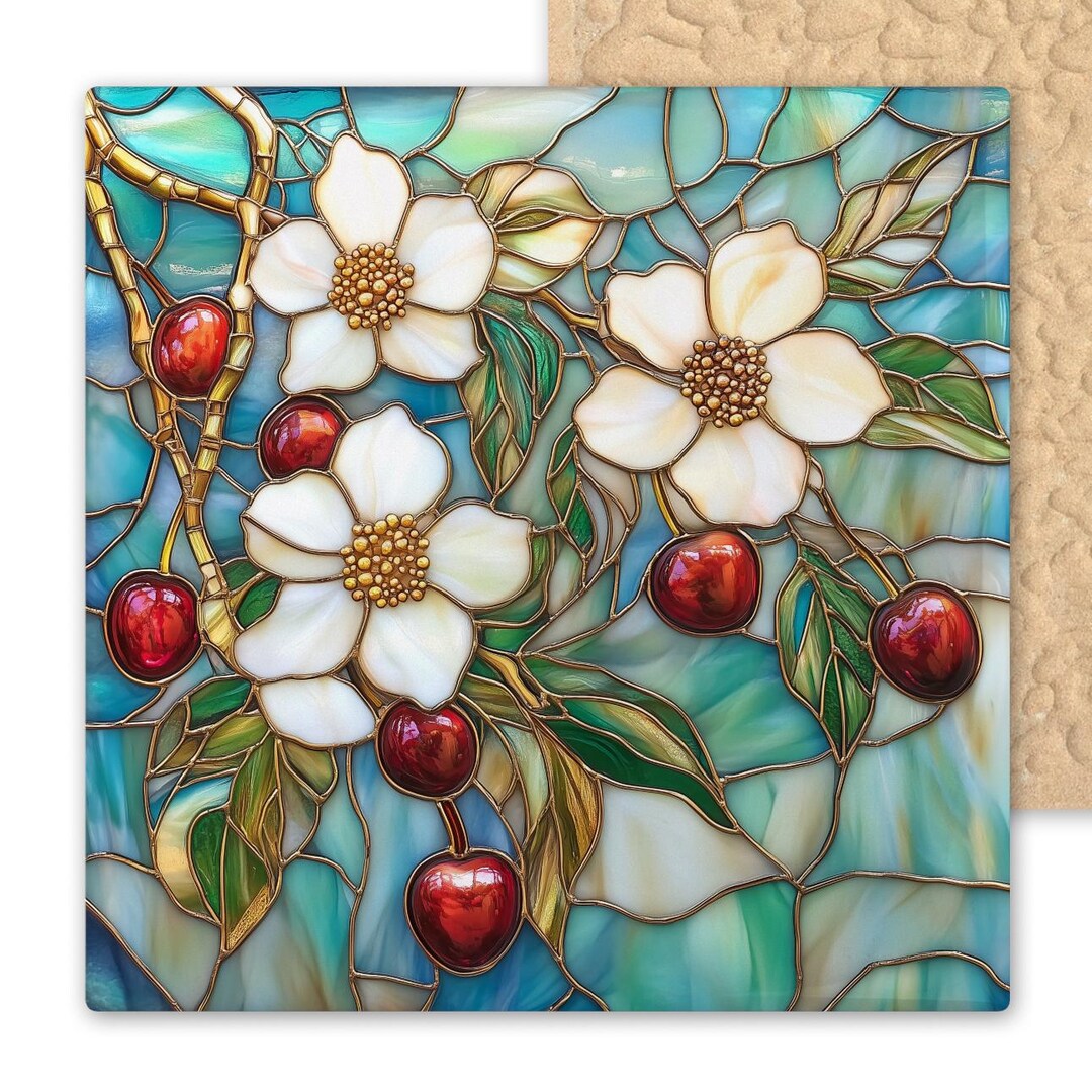 Cherry Tree Ceramic Tile Art – Stained Glass Look Cherries and Blossoms ...