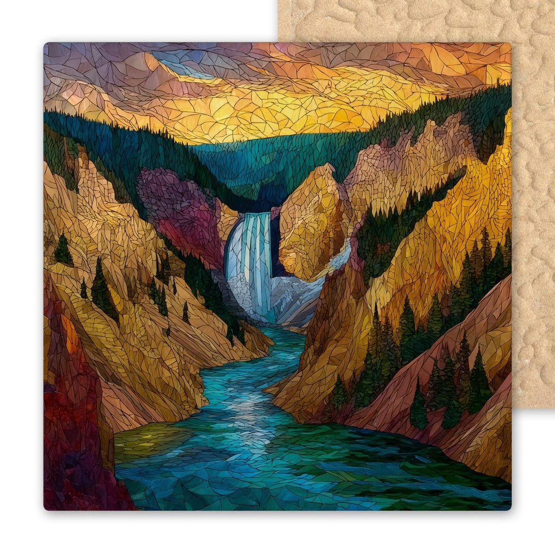 Yellowstone Wall Art Ceramic Tile Stained Glass Style Lower Falls Grand ...