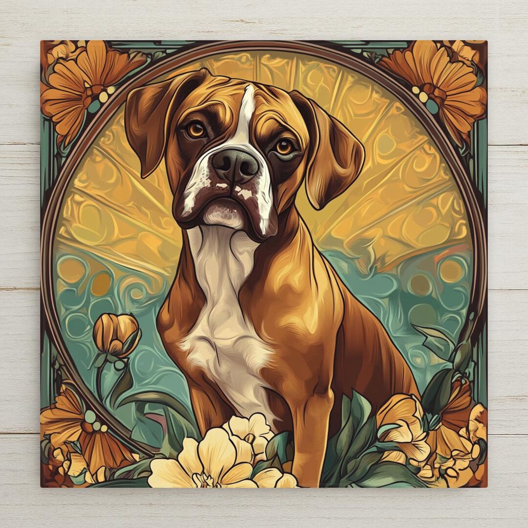 Art Nouveau Boxer Dog Ceramic Tile - Mucha Inspired Floral Wall Decor ...