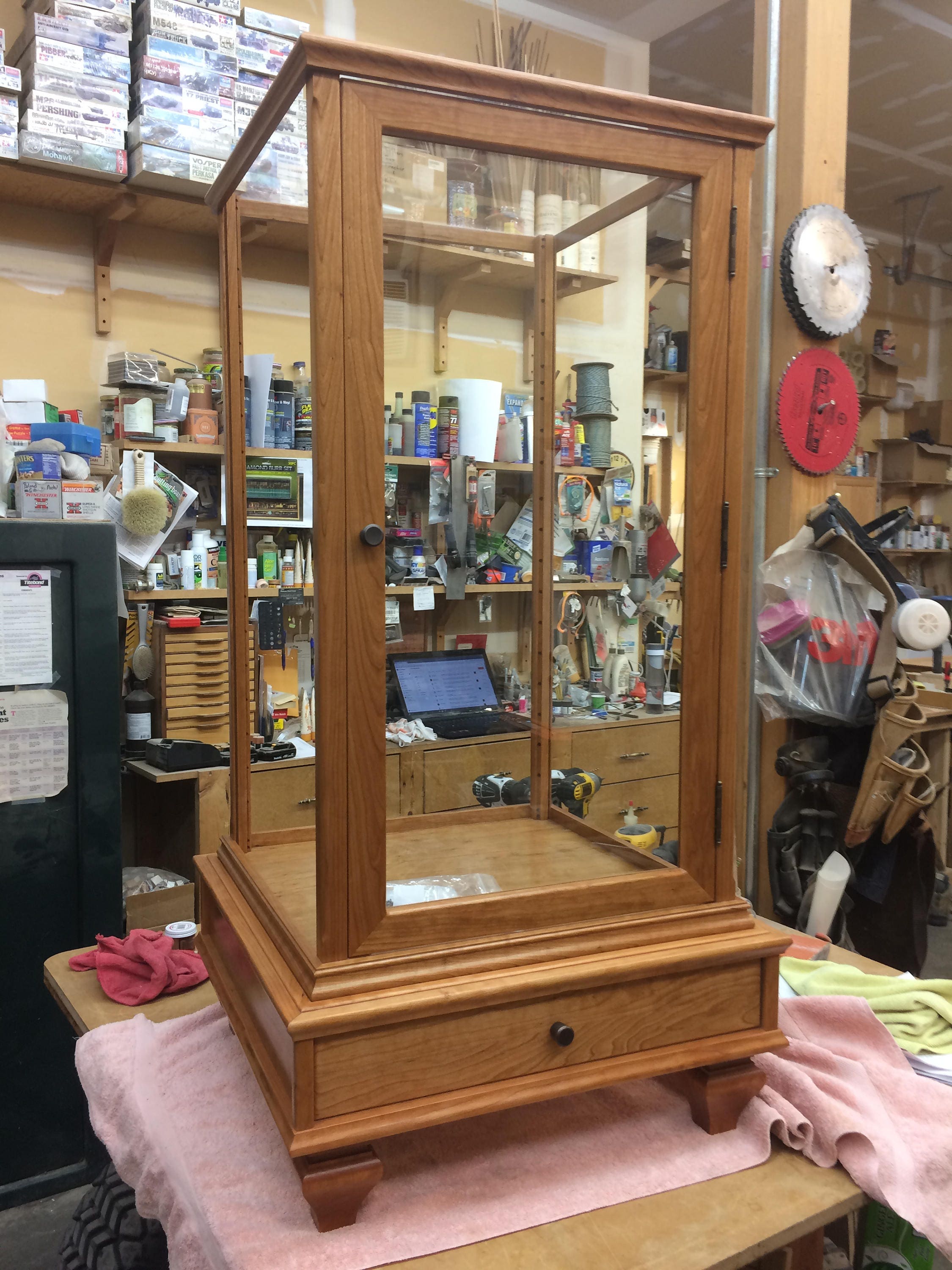 Wood and Glass Display Cases With Feet and Drawer ( Matching Set of Two ...