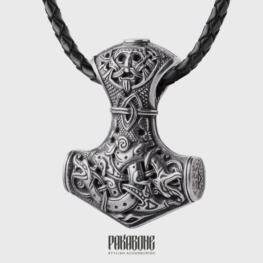 Viking Pendant Mjolnir With Dragons and Human Mask - 925 Silver Thor's ...