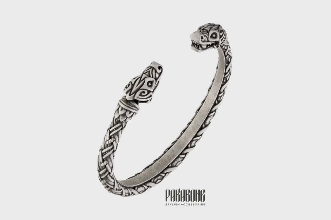 Norse Wolf Arm Cuff Bracelet, Hati Skoll Symbolic Wrist Torque, Silver ...