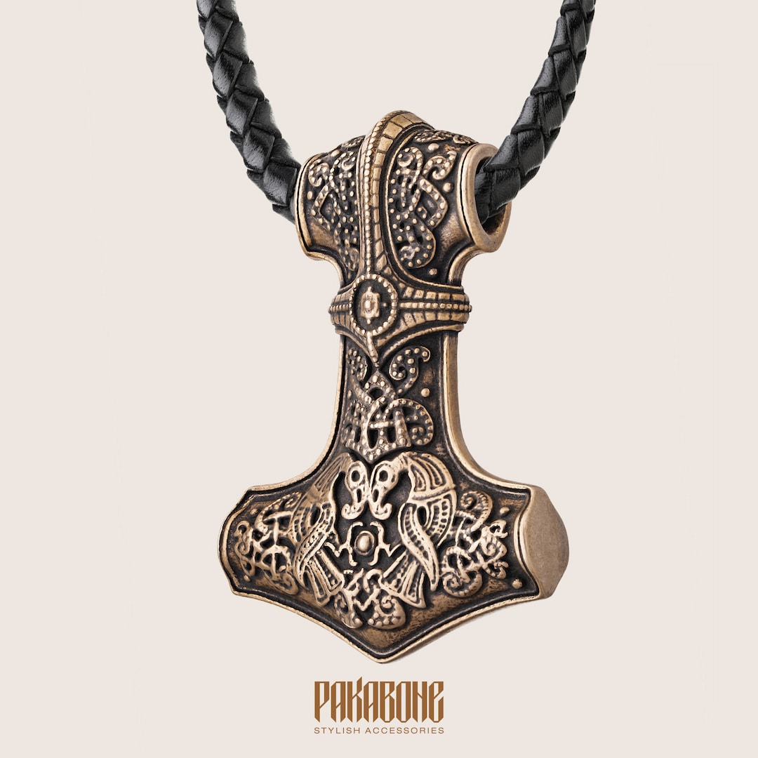 Bronze Necklace Mjolnir With Ravens Thor's Hammer Pendant Size Extra ...