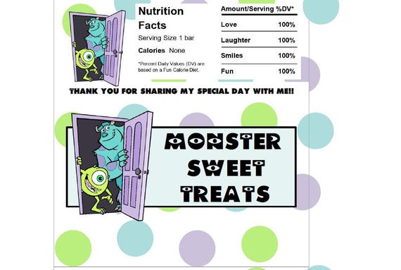 Candy Bar Wrappers Monsters Inc Monster Inc Wrappers Etsy