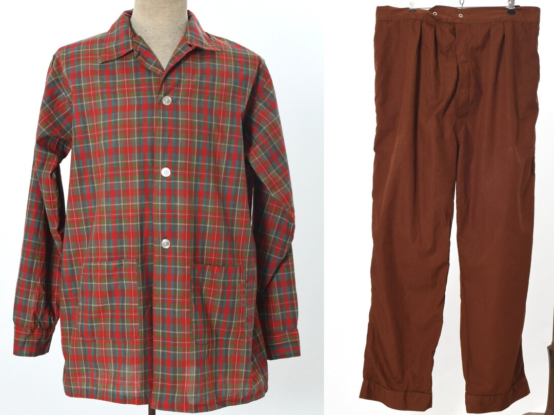 Vintage 1950s Large Long Plaid Red Brown Mens Lounge Pajama Set | by ...