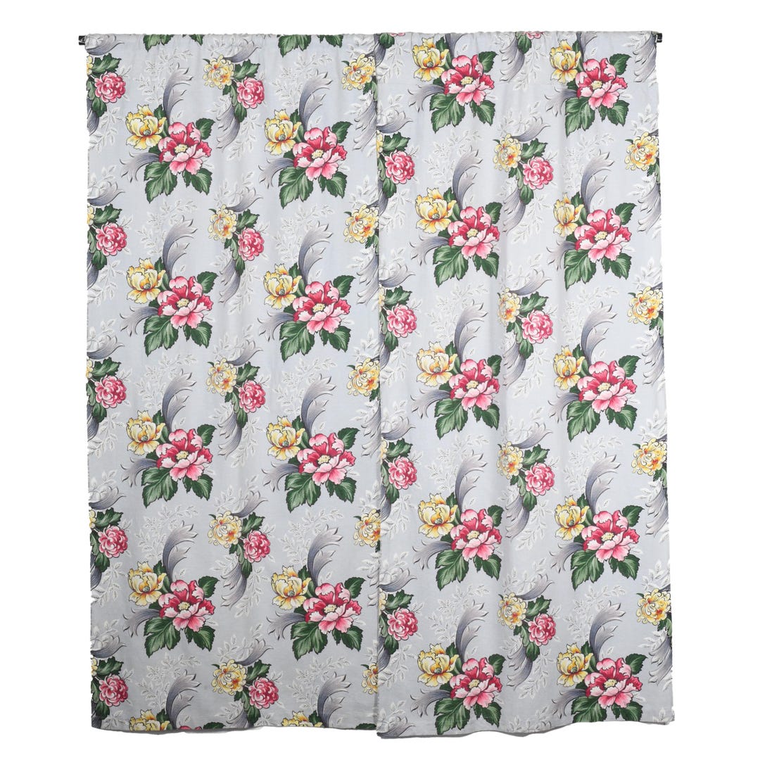 Vintage 1940s Floral Bark Cloth Curtain Set: Chrysanthemum Peonies - Etsy