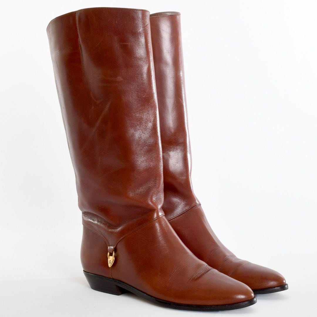Vintage 80s Etienne Aigner Leather Tall Boots - Brown Size 8N - Etsy