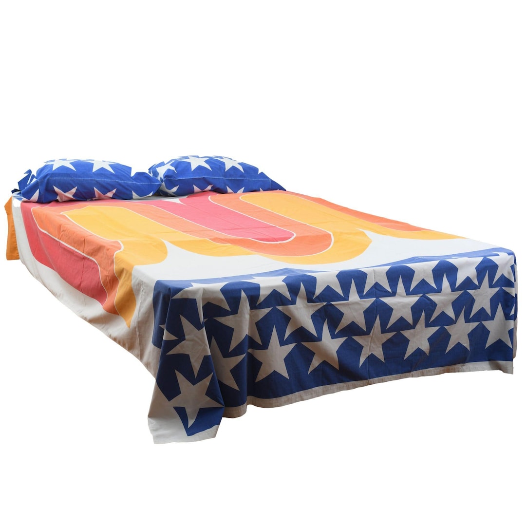 Vintage 1970s Sun Moon Stars Pattern Full Size Flat Sheet Pillow Cases ...