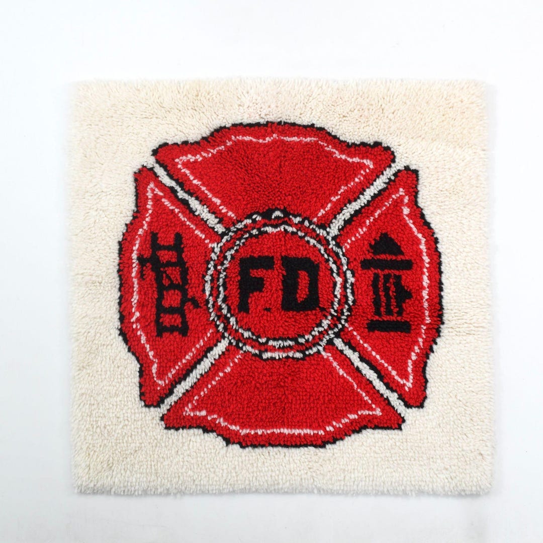 Vintage 1970s Fire Department Novelty Theme Square Latch Hook Rug | 30 ...