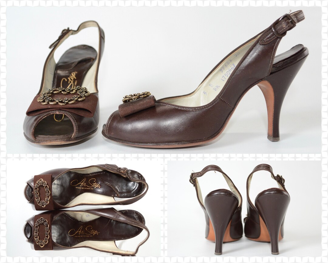 Vintage 1950s Size 5 Brown Leather Sling Back High Heels by Air Step ...