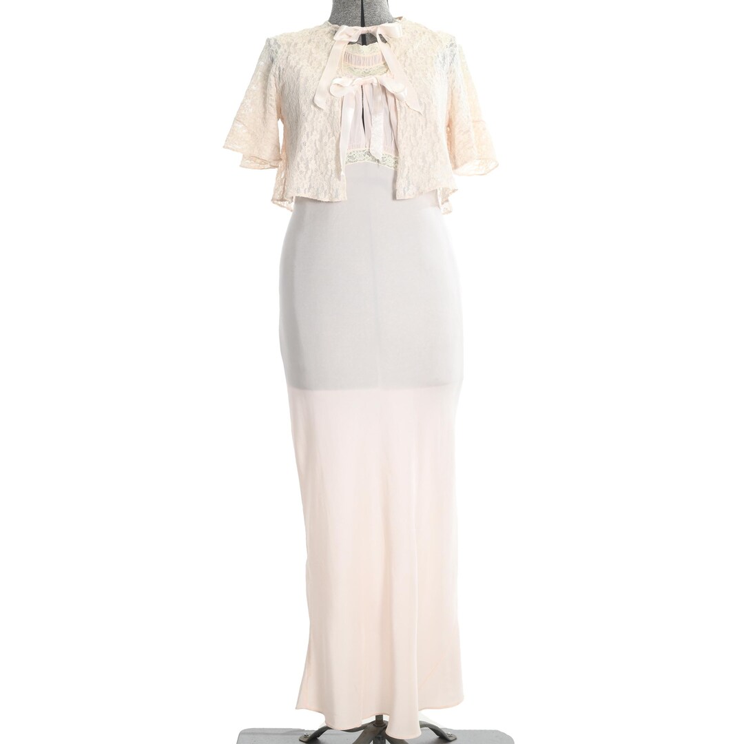 Vintage 1940s Medium Pale Pink Lace Bed Jacket Maxi Nightgown Set ...