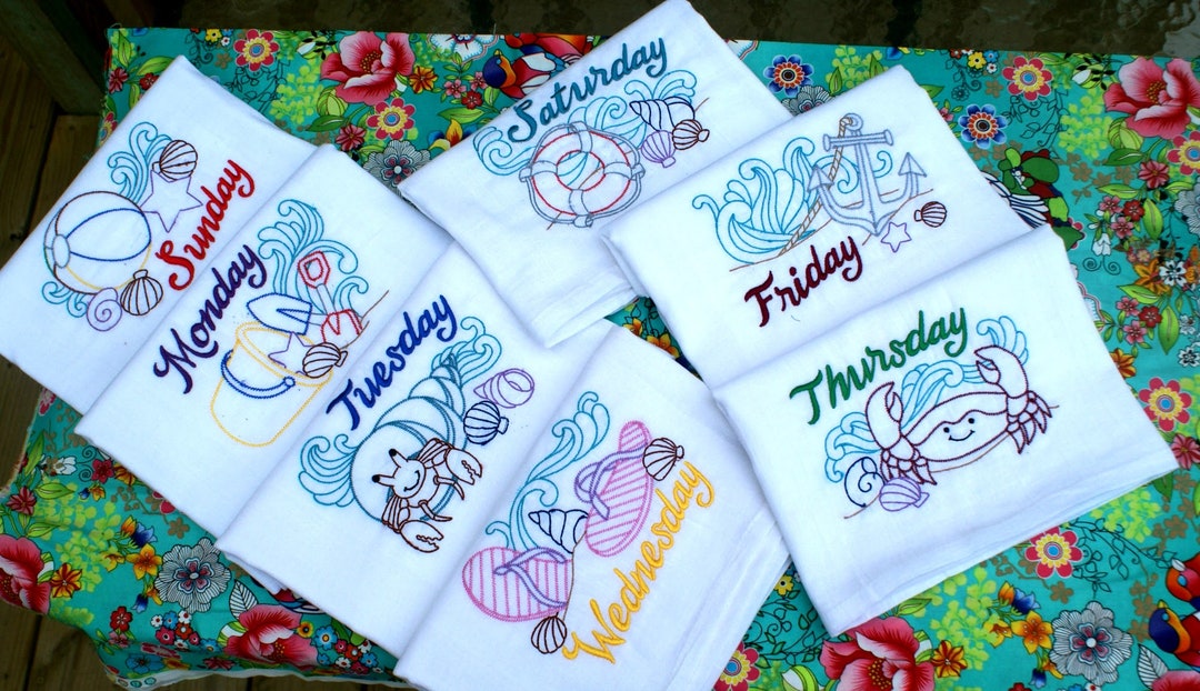 Beach Life Days Of The Week Dish Towels Set Of 7 Made To Order Etsy