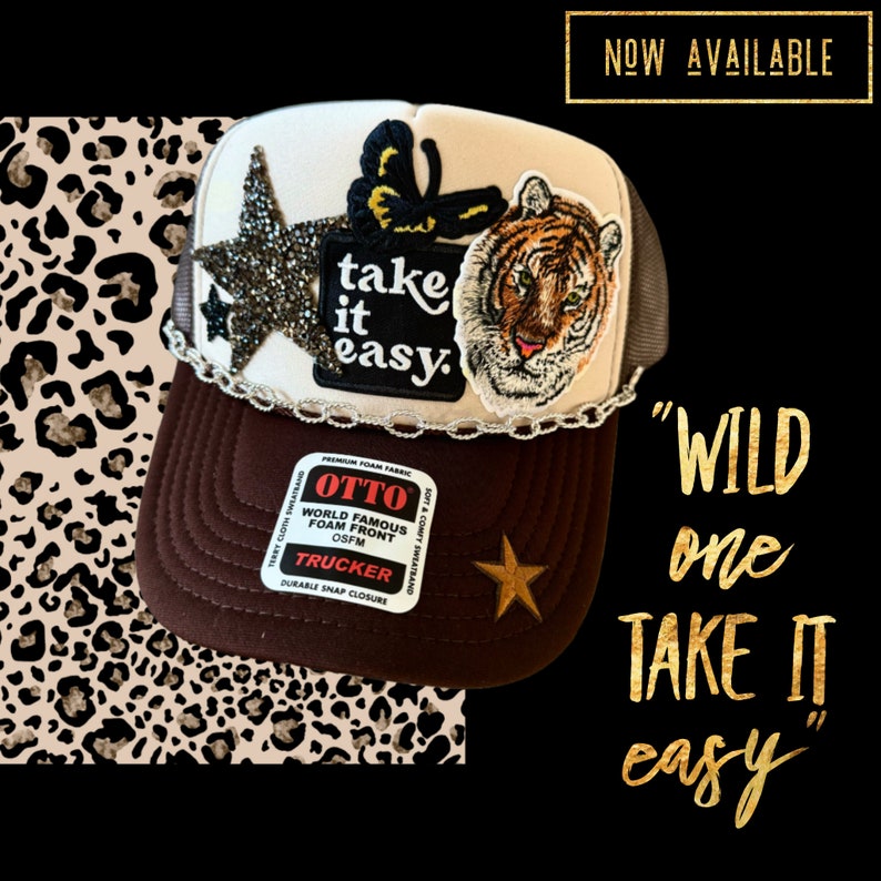 Take It Easy Tiger Embroidered Trucker Hat With Glitter Star Unique ...