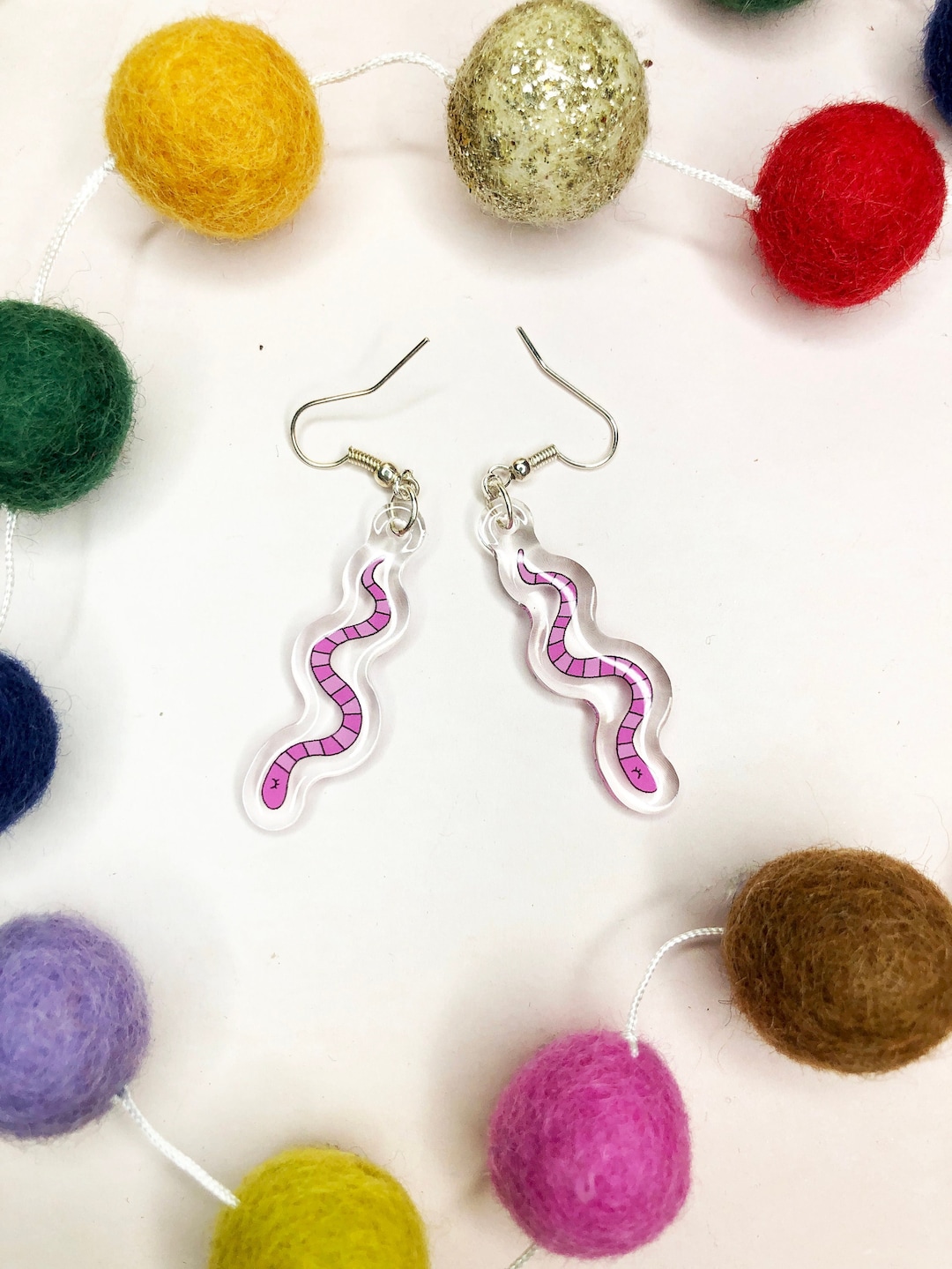 Pink Worm Earrings Wormy Sweet Cute Illustration Jewelry Acrylic ...