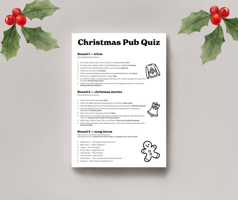 Printable Christmas Quiz, Christmas Pub Quiz With Answers, Christmas ...