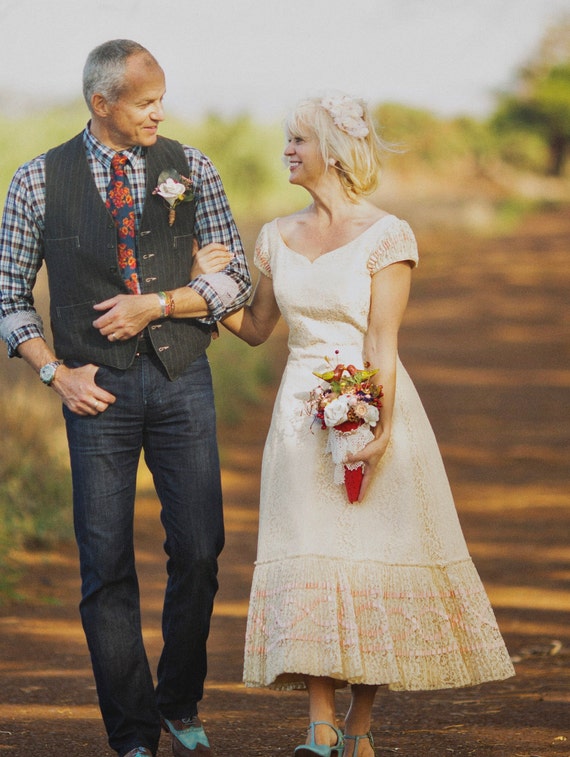 Vintage Lace and Ribbon Tea-Length Wedding Dress - Gem