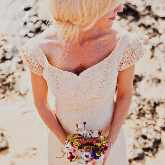 Vintage Lace and Ribbon Tea-Length Wedding Dress - Gem