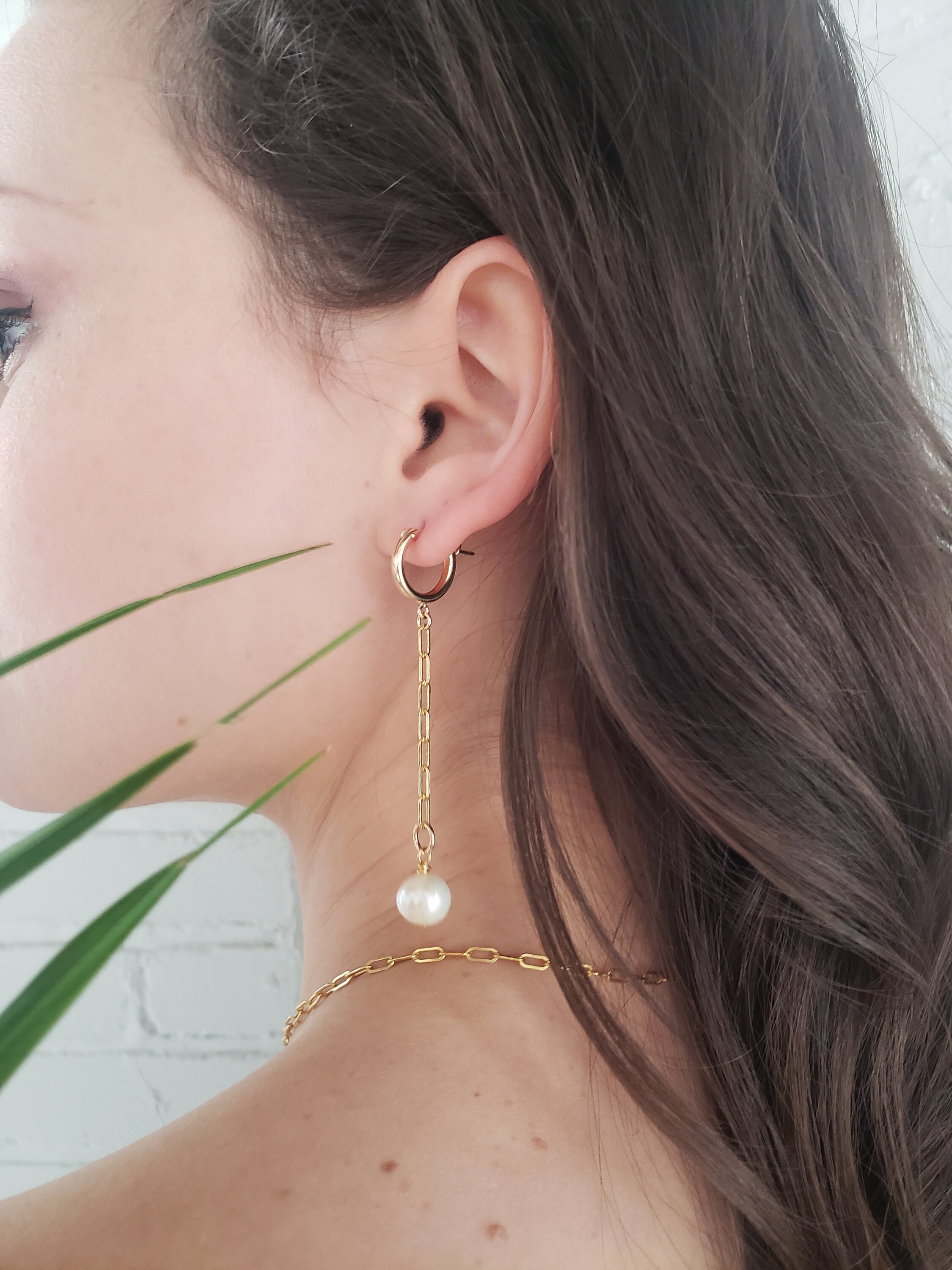 Pearl Hoop Earrings, Pearl Drop Earrings, Gold Chain Earrings, Gold ...