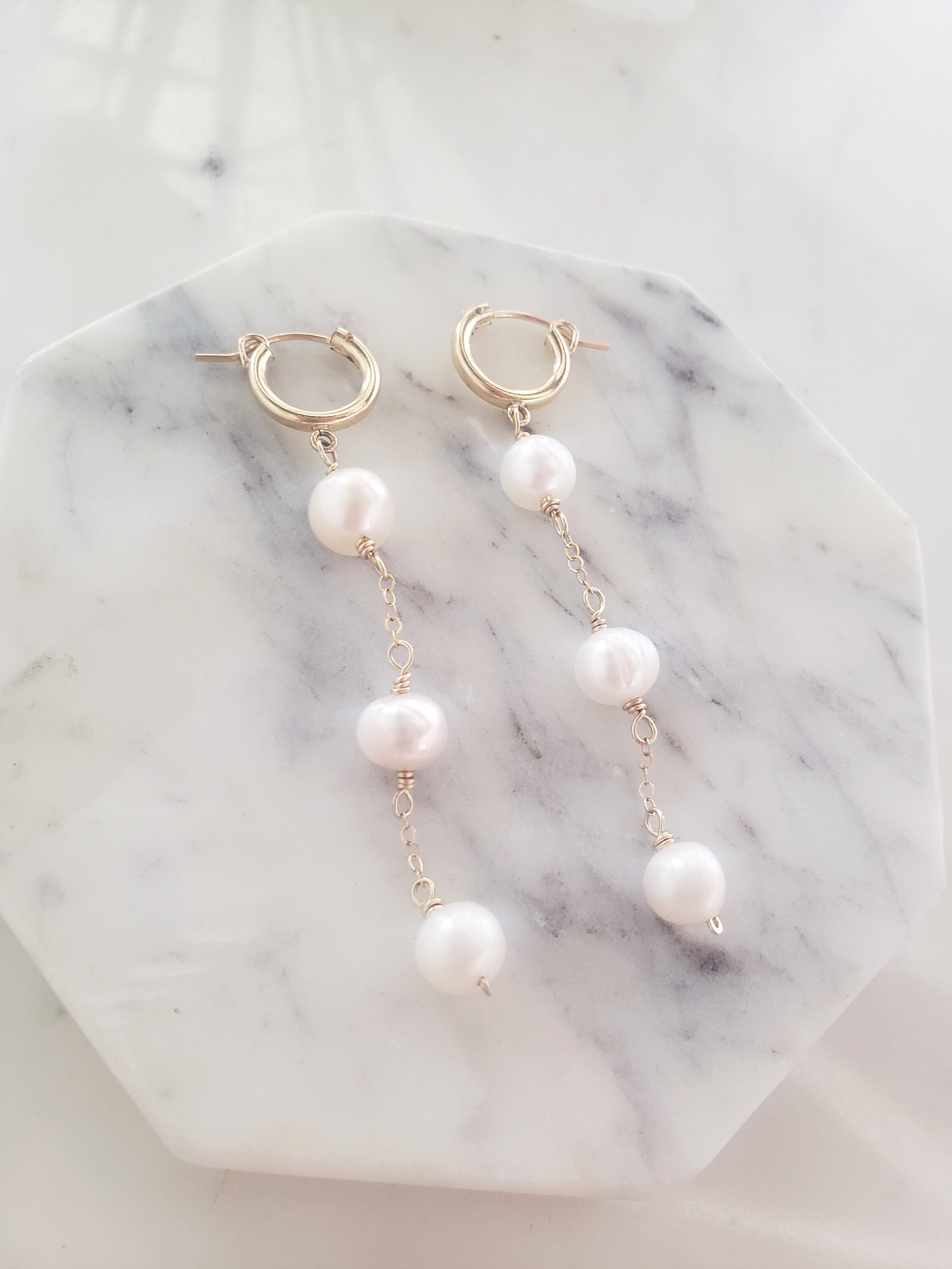 Pearl Drop Earrings Long Pearl Earrings Huggie Hoops With | Etsy