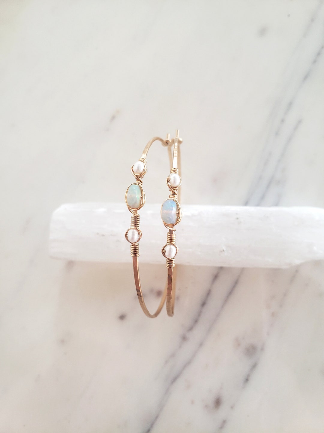 Opal Hoop Earrings, Natural Opal Earrings, Opal Earrings, Large Gold ...
