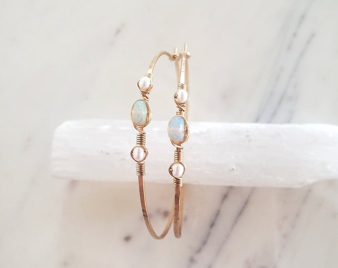 Opal Hoop Earrings, Natural Opal Earrings, Opal Earrings, Large Gold ...
