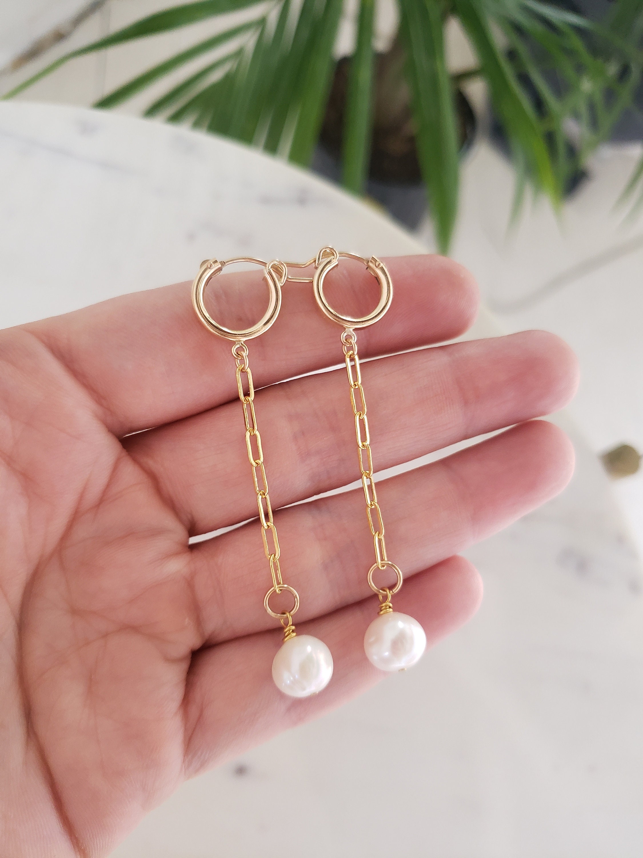 Pearl Hoop Earrings, Pearl Drop Earrings, Gold Chain Earrings, Gold ...