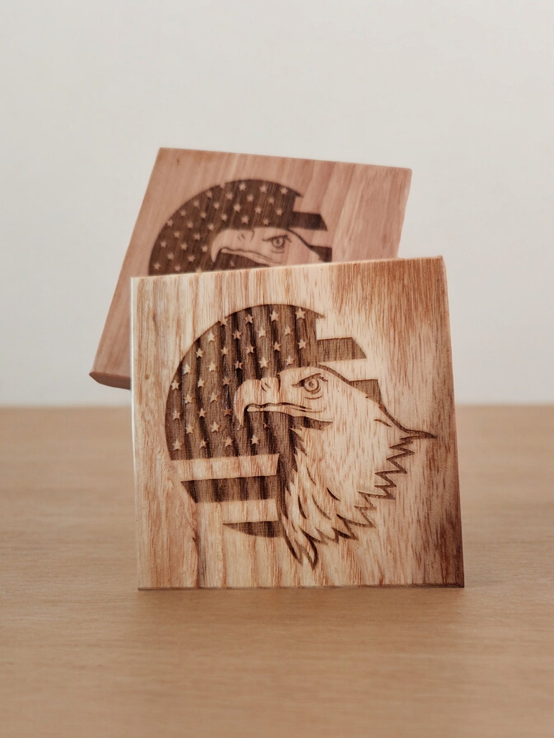 Laser Engraved Eagle/flag Oak Wood Coasters - Etsy