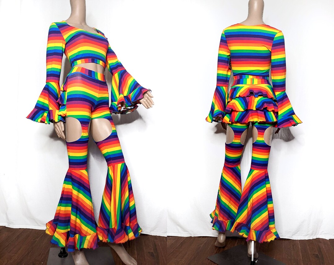 Disco Outfit 2 Piece Bell Bottom Garter Leggings Matching Flare Top ...