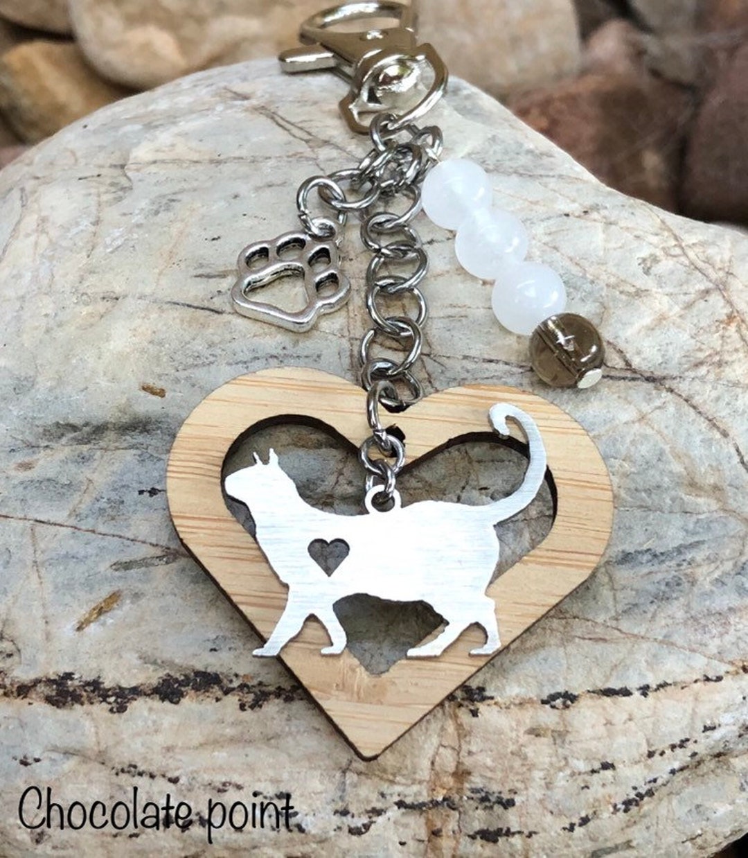 Siamese Cat Keychain, Stainless Steel Cat Key Chain, Gemstone Cat Bag ...