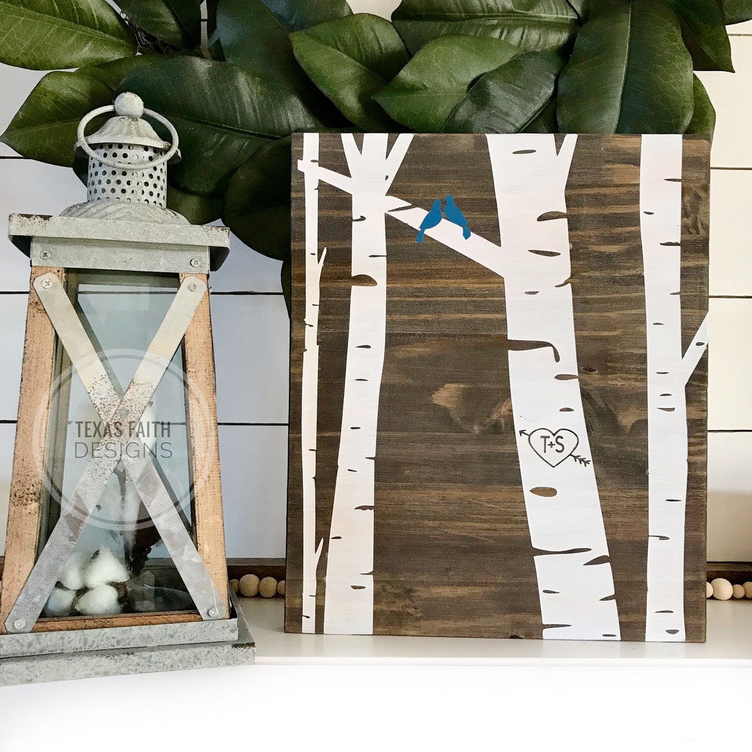Wood Sign Initials in Heart on Tree, Birch Tree, Anniversary Gift ...
