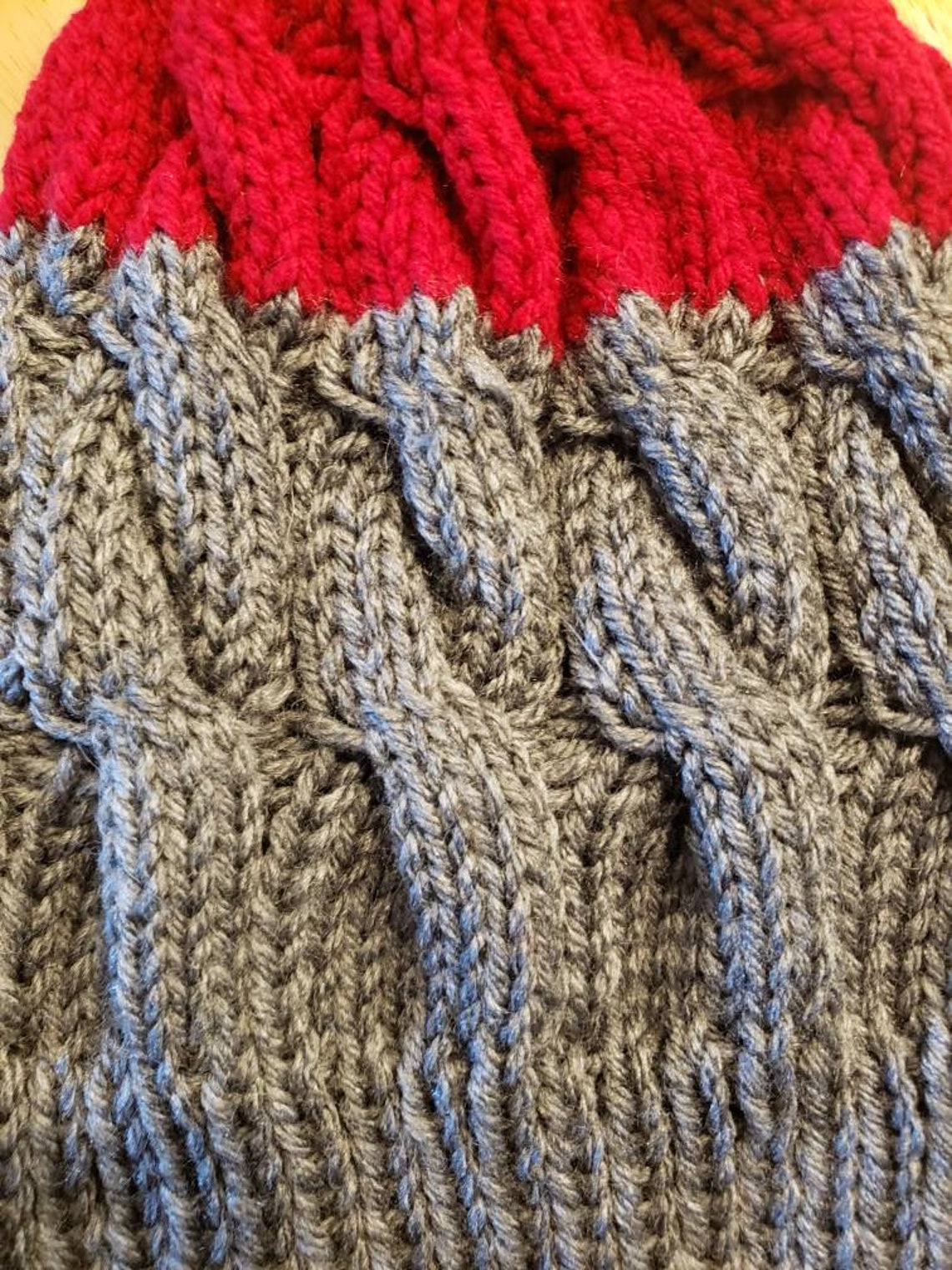 Grey and Red Cable Knit Beanie - Etsy
