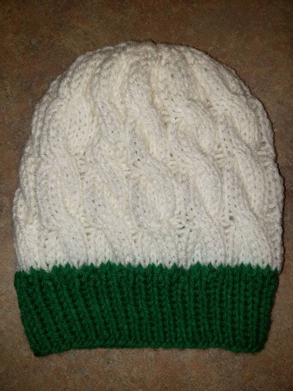 Soft White and Green Cable Knit Beanie - Etsy