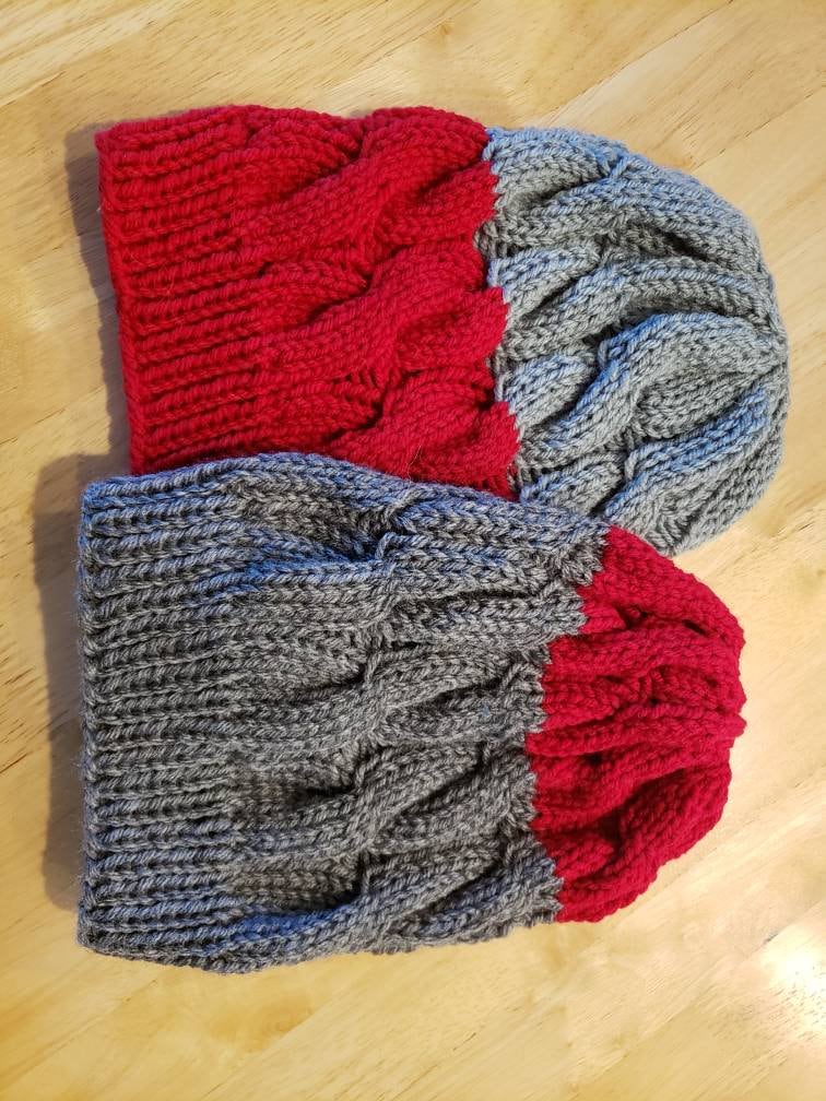 Grey and Red Cable Knit Beanie - Etsy