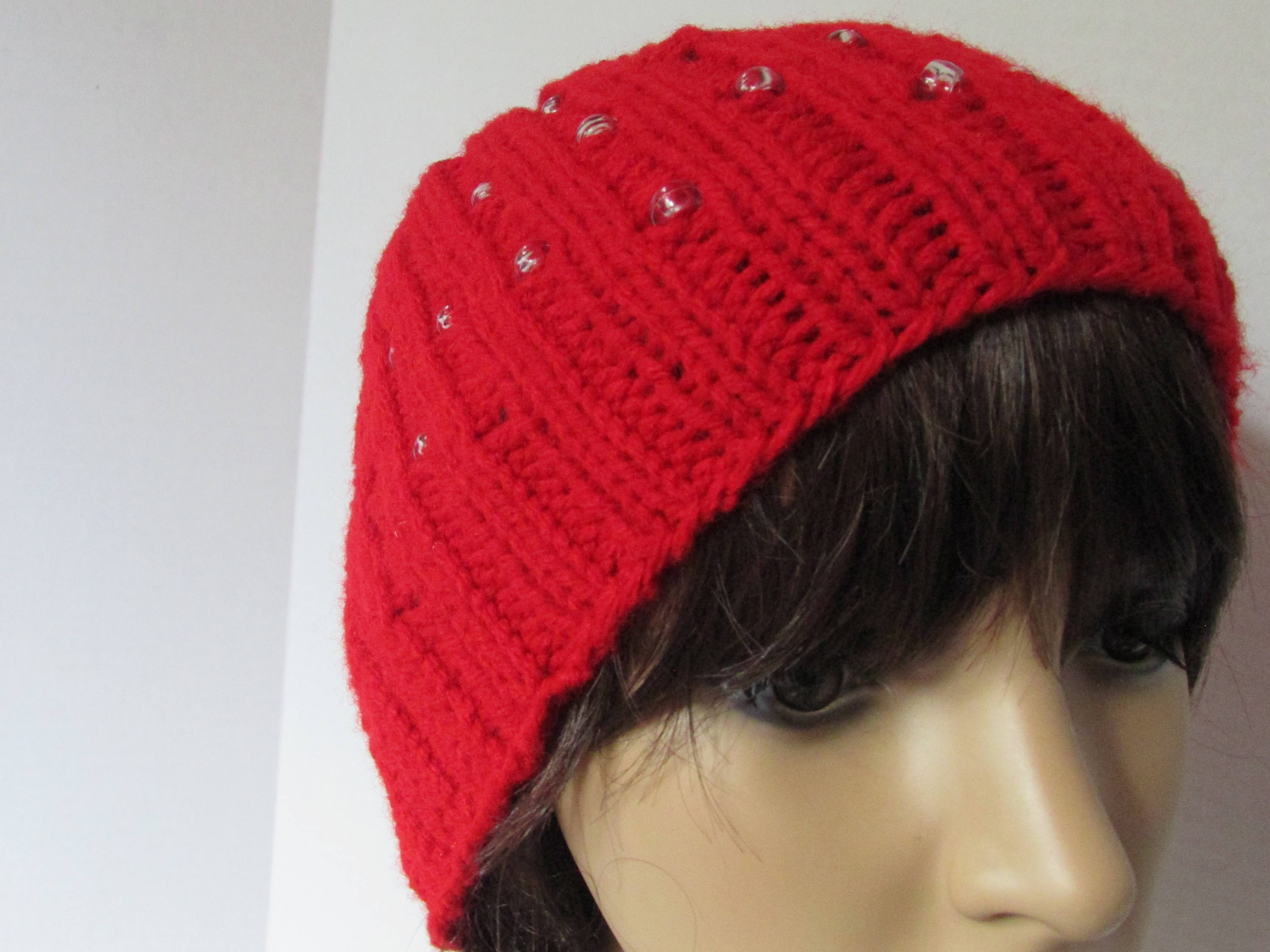 Red Wide Rib Essential Knit Beanie With Clear Beads - Etsy