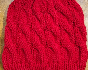 Hand Knit Crimson Red Cable Beanie Hat - Etsy