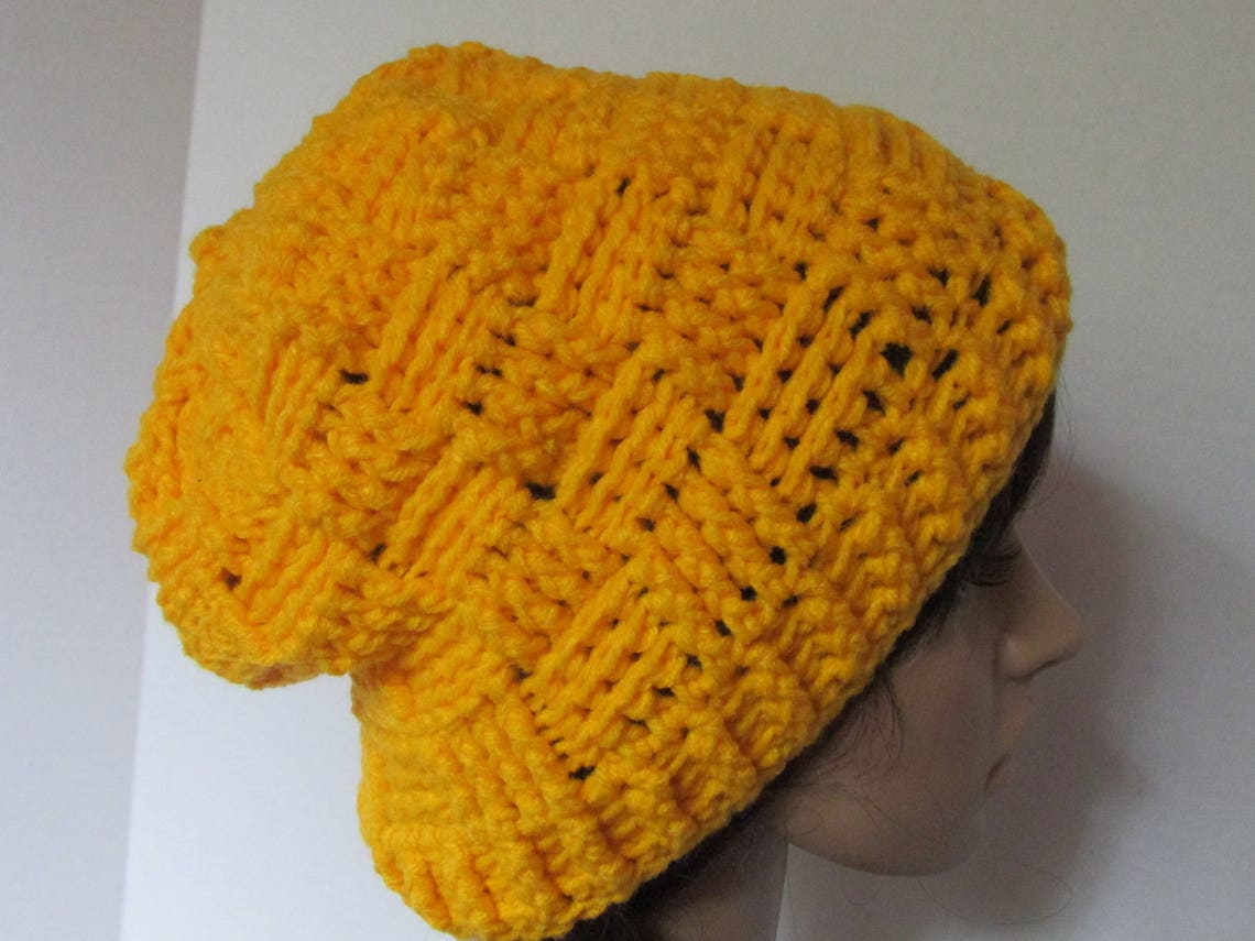Bright Gold Crochet Basketweave Beanie - Etsy