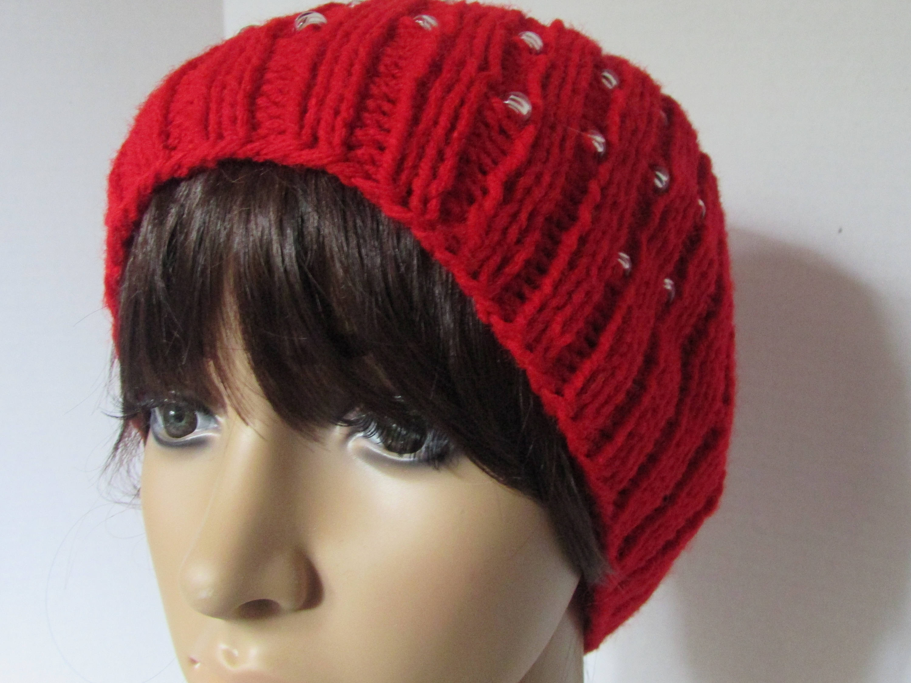 Red Wide Rib Essential Knit Beanie With Clear Beads - Etsy
