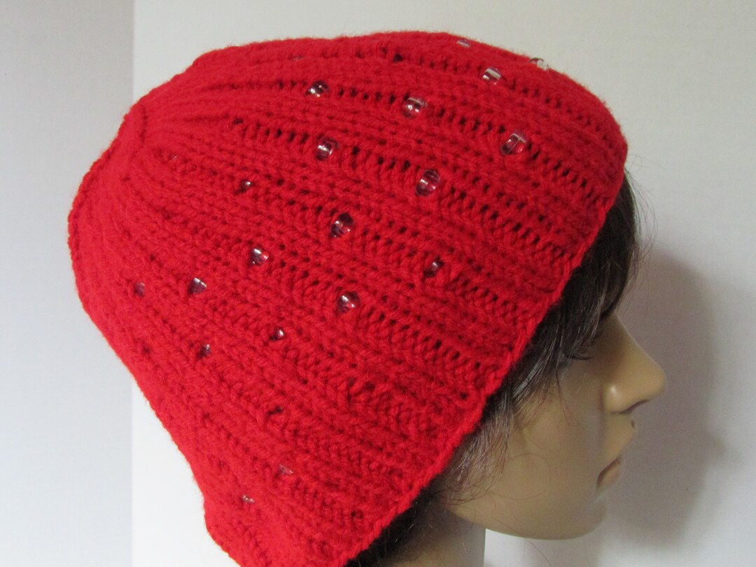 Red Wide Rib Essential Knit Beanie With Clear Beads - Etsy