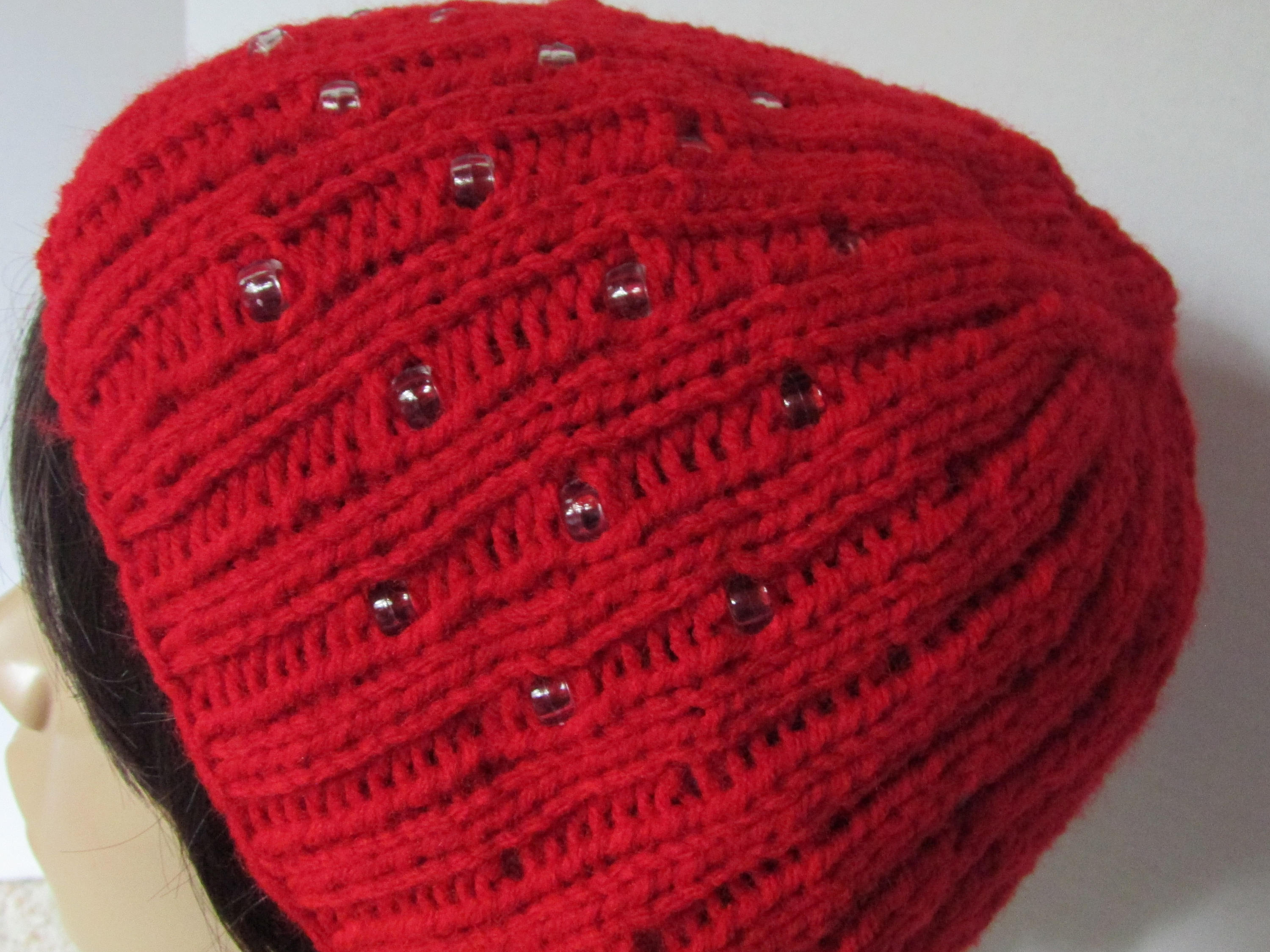 Red Wide Rib Essential Knit Beanie With Clear Beads - Etsy