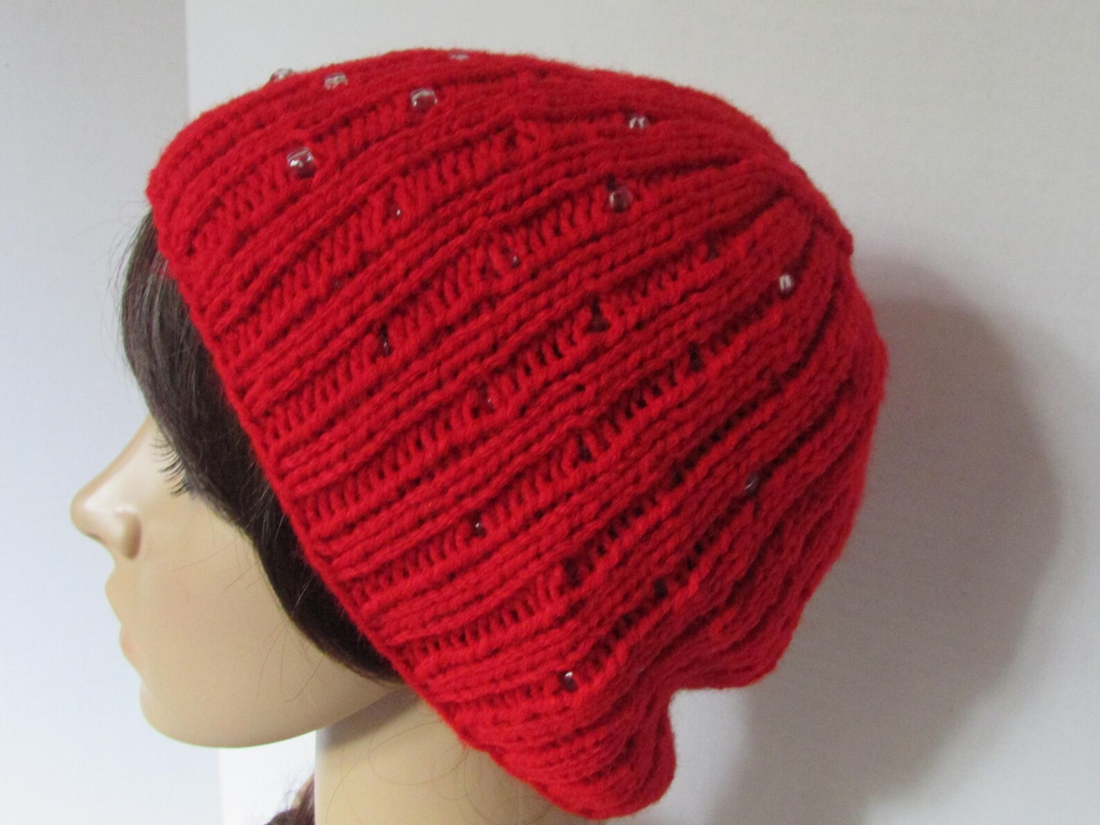 Red Wide Rib Essential Knit Beanie With Clear Beads - Etsy