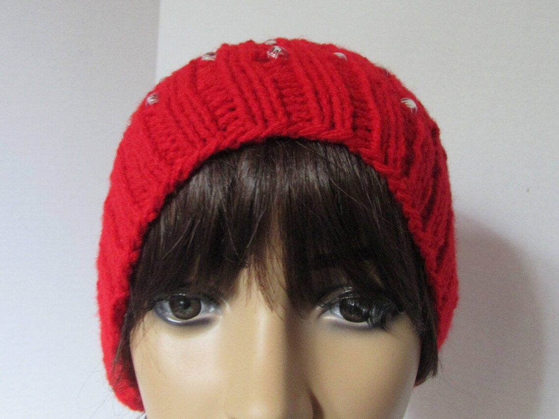 Red Wide Rib Essential Knit Beanie With Clear Beads - Etsy