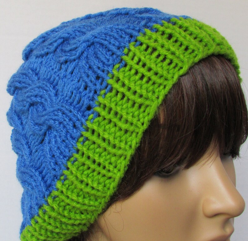Seattle Seahawks Inspired Blue Slouchy Cable Knit Beanie With Green ...