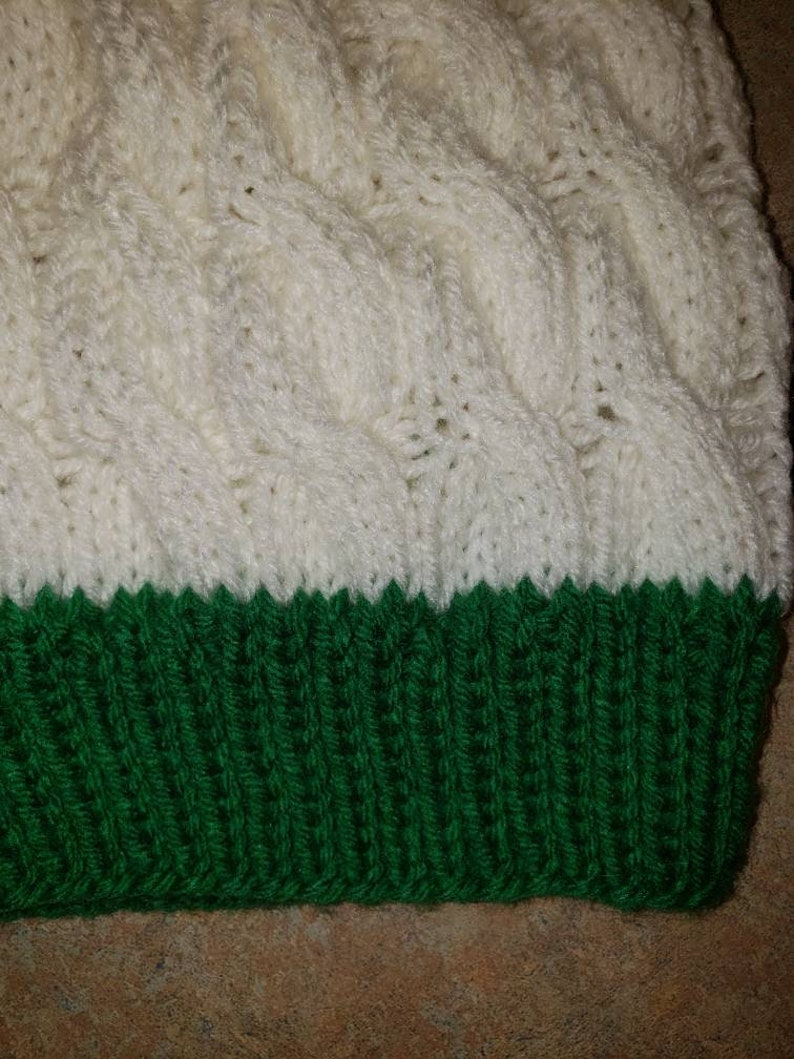 Soft White and Green Cable Knit Beanie - Etsy