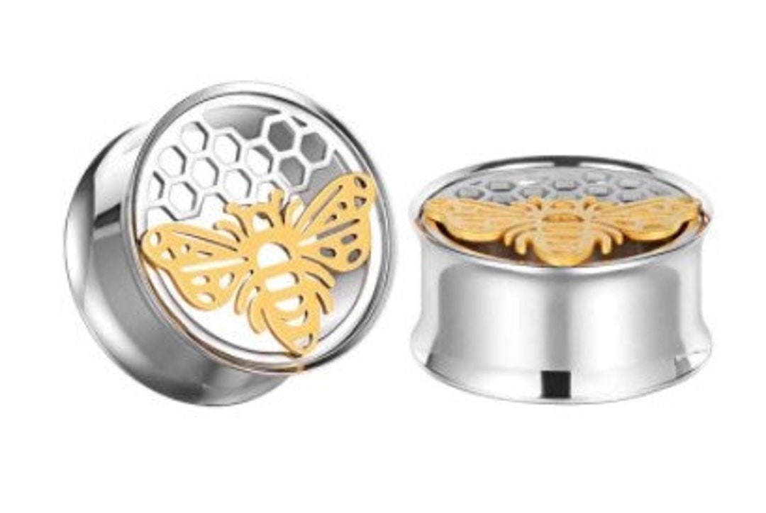 Honey Bee & Comb Ear Plugs Stainless Steel Flared Ear Gauges 8 Sizes ...