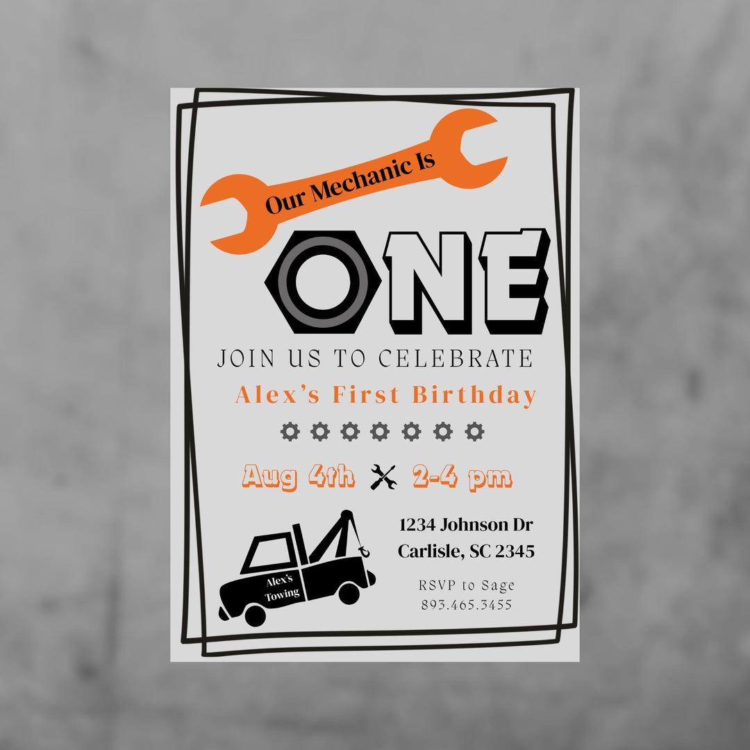 Mechanic First Birthday Invitation | Truck Birthday, Editable Canva ...