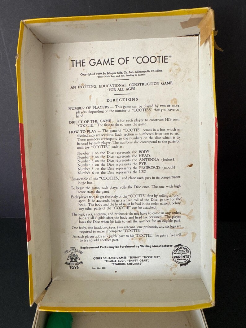 Replacement Pieces Cootie Game, 1949, W.H. Schaper Mfg Co, Inc, Sold ...