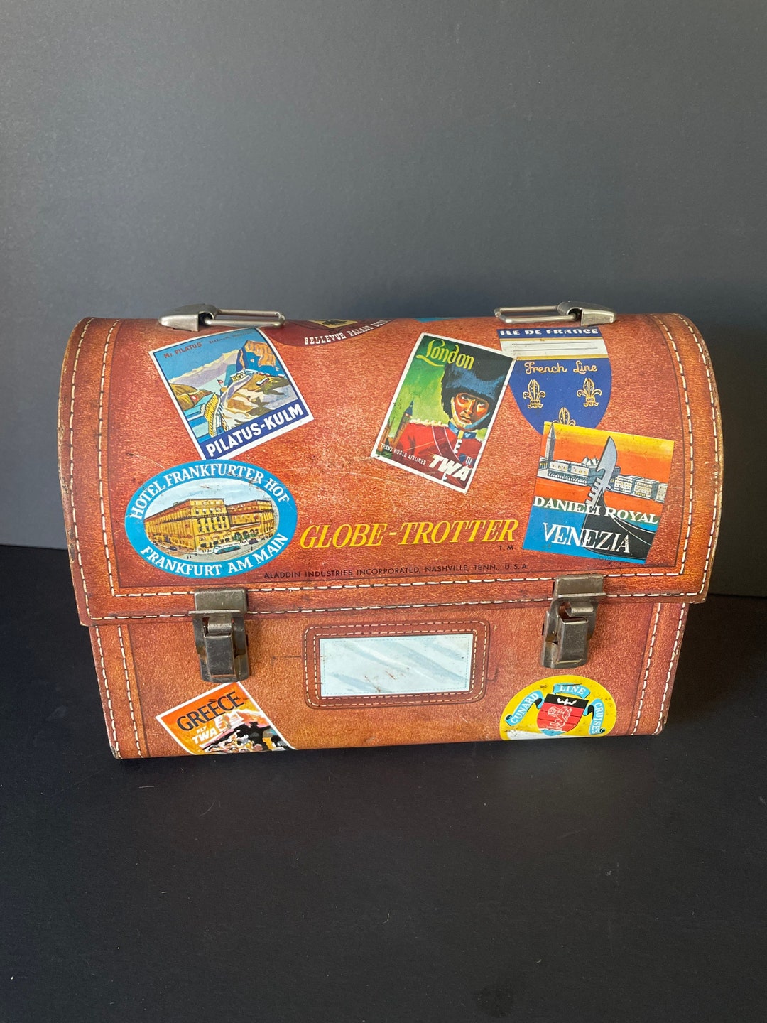 Vintage Leather-look Globe-trotter Metal Lunch Box, Aladdin Industries ...