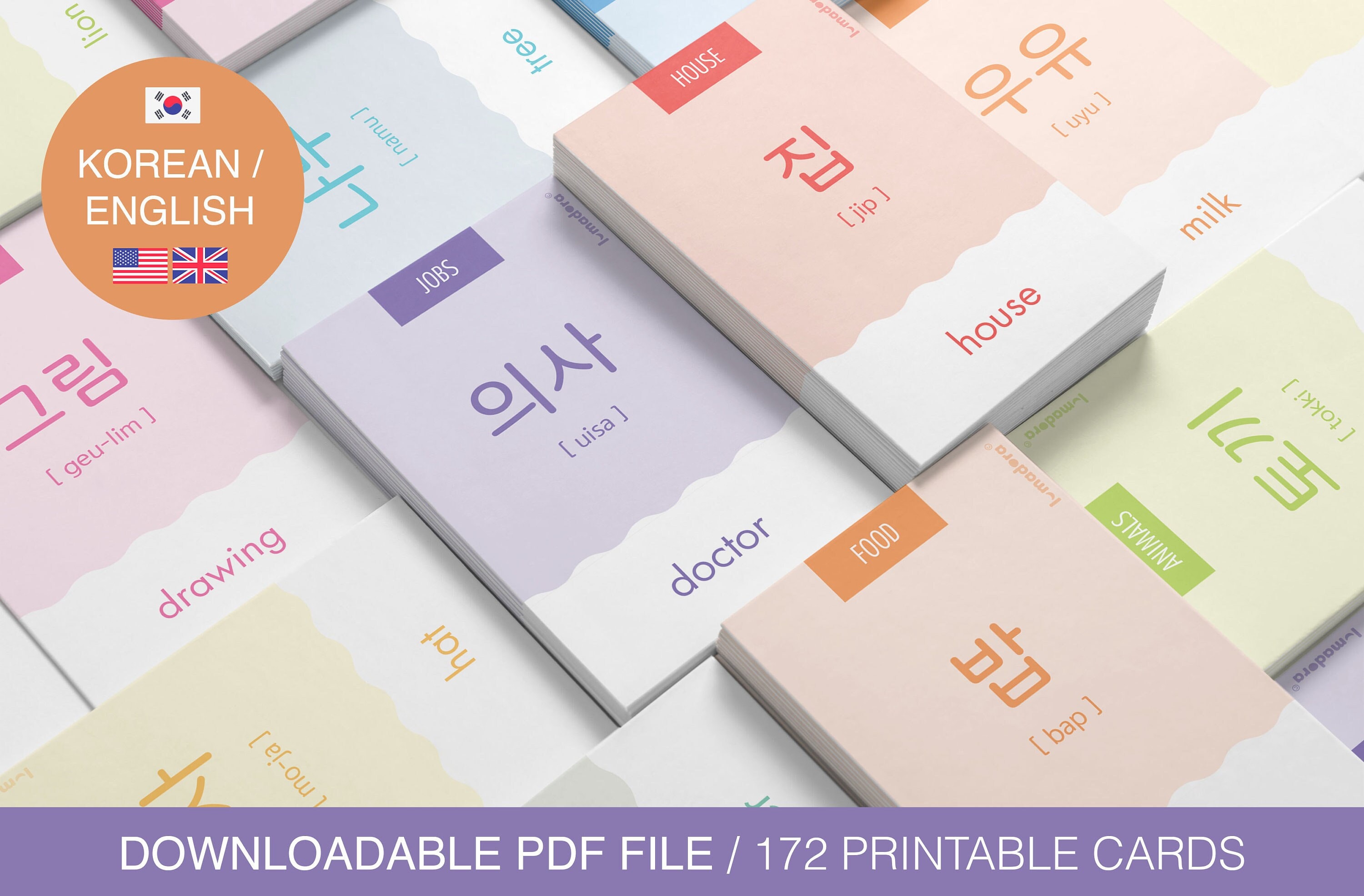 Printable Korean Vocabulary Flashcards 172 Cards Hangul English ...