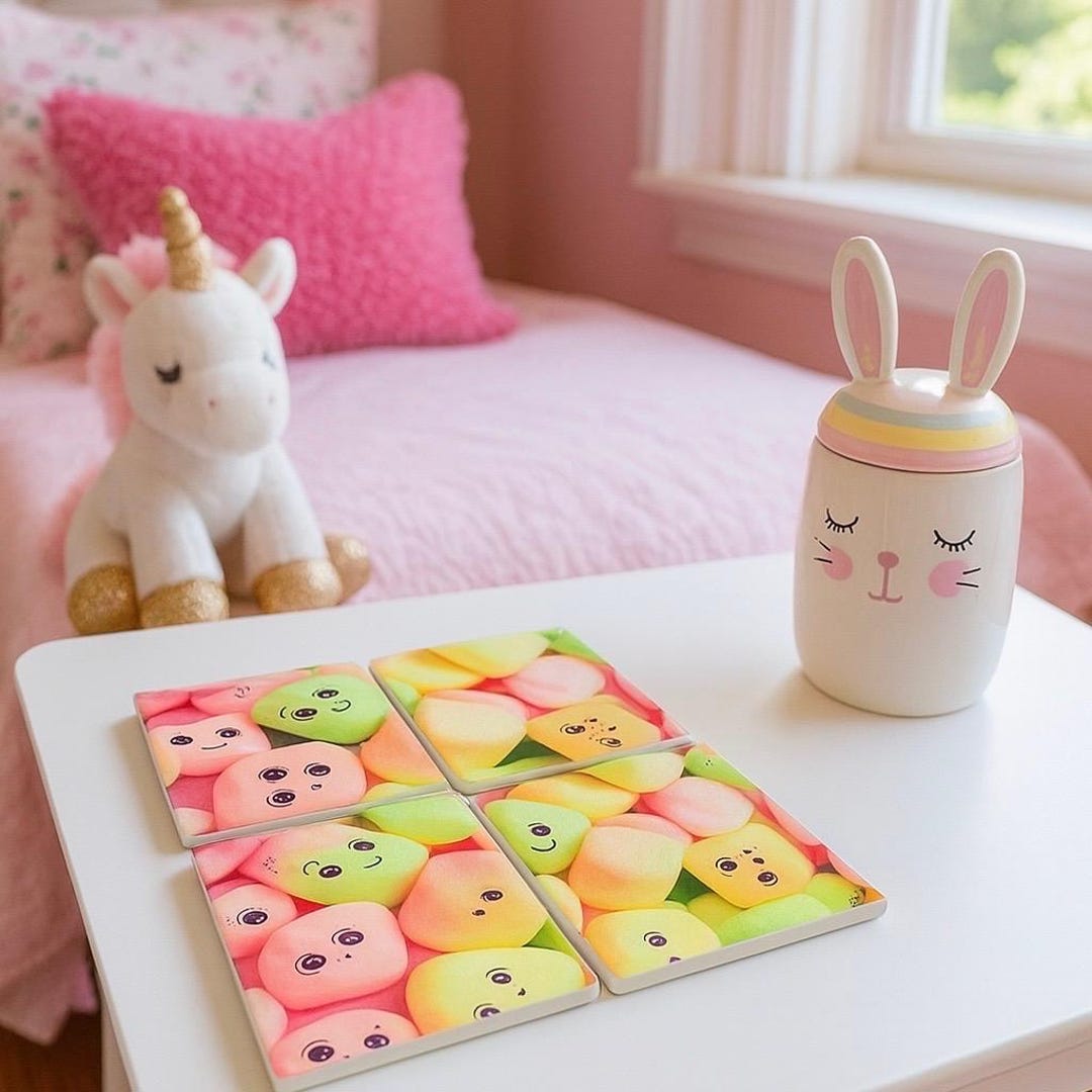 Marshmallow Coasters: Smiley Face Ceramic Tile Coaster Set - Etsy